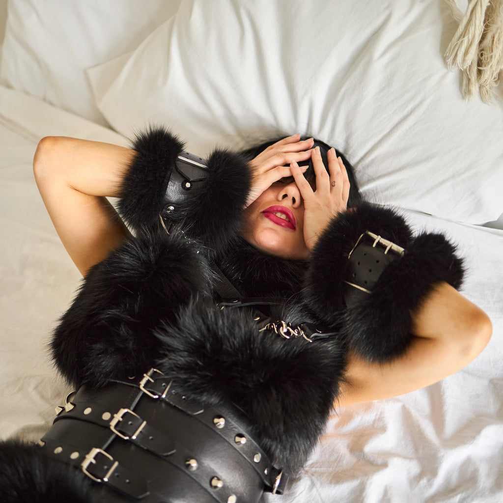 Saga Blue Fox Fur Bra & Bikini with Leather Stripes 'Deep Dream' – Ofurs